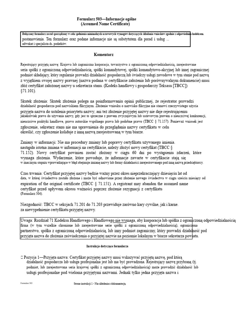 (Assumed Name Certificate) : Formularz 503 Informacje Ogólne | PDF