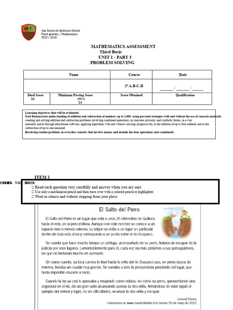 Problem Solving Test. Basic Third Graders | PDF | Subtraction