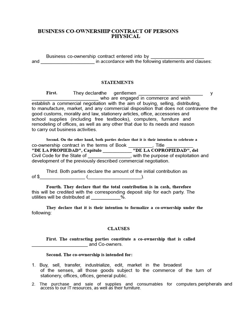 Business Co-Ownership Contract Template | PDF | Concurrent Estate ...