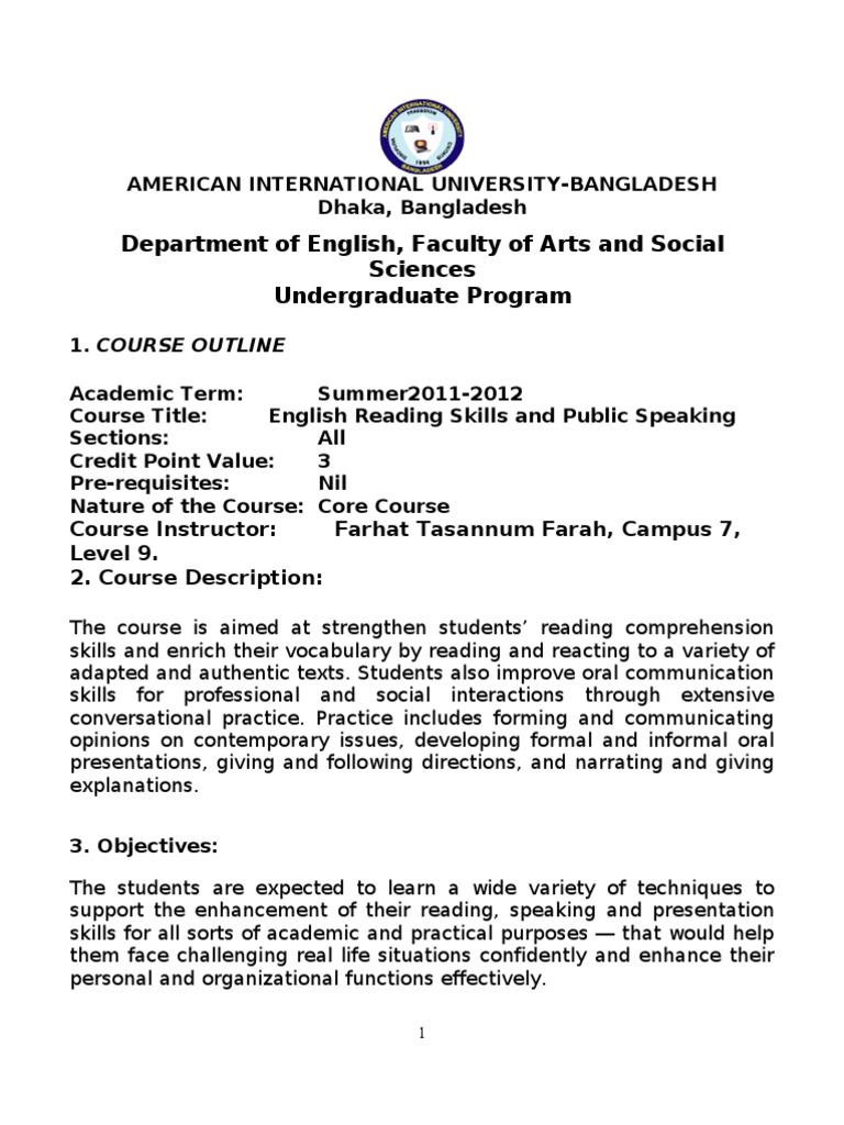 English Reading and Public Speaking Course Outline | PDF | Reading ...
