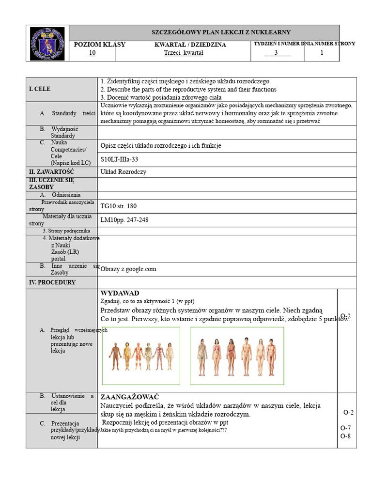 Nauka 10 7es Plan Lekcji Kwartal 3 Tydzień 3 Temat: Układ Rozrodczy | PDF