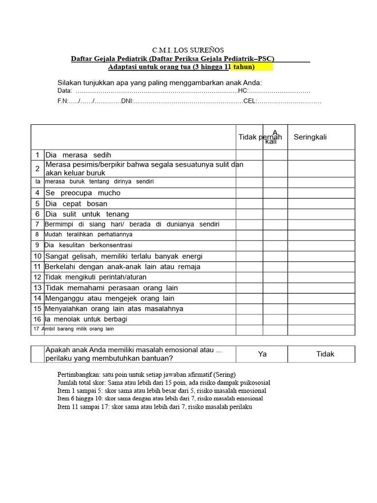 Pemeriksaan Daftar Gejala Pediatrik (Pediatric Symptom Checklist - PSC ...