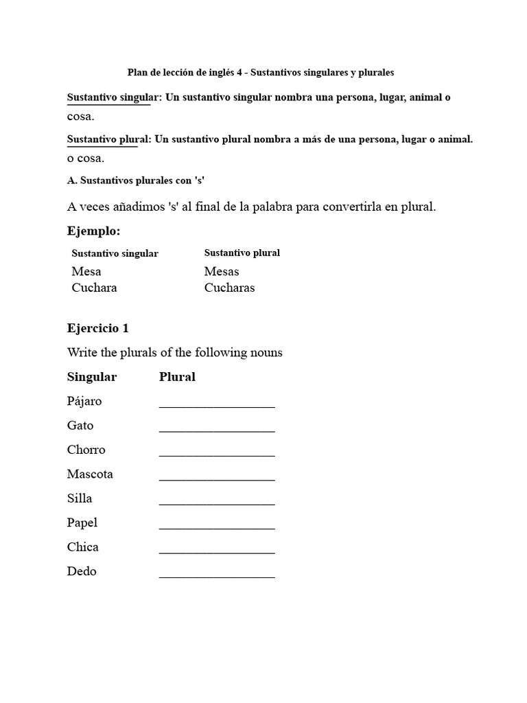 Plan de Lección de Inglés 4 - Sustantivos Singulares y Plurales | PDF | Sustantivo | Morfología ...