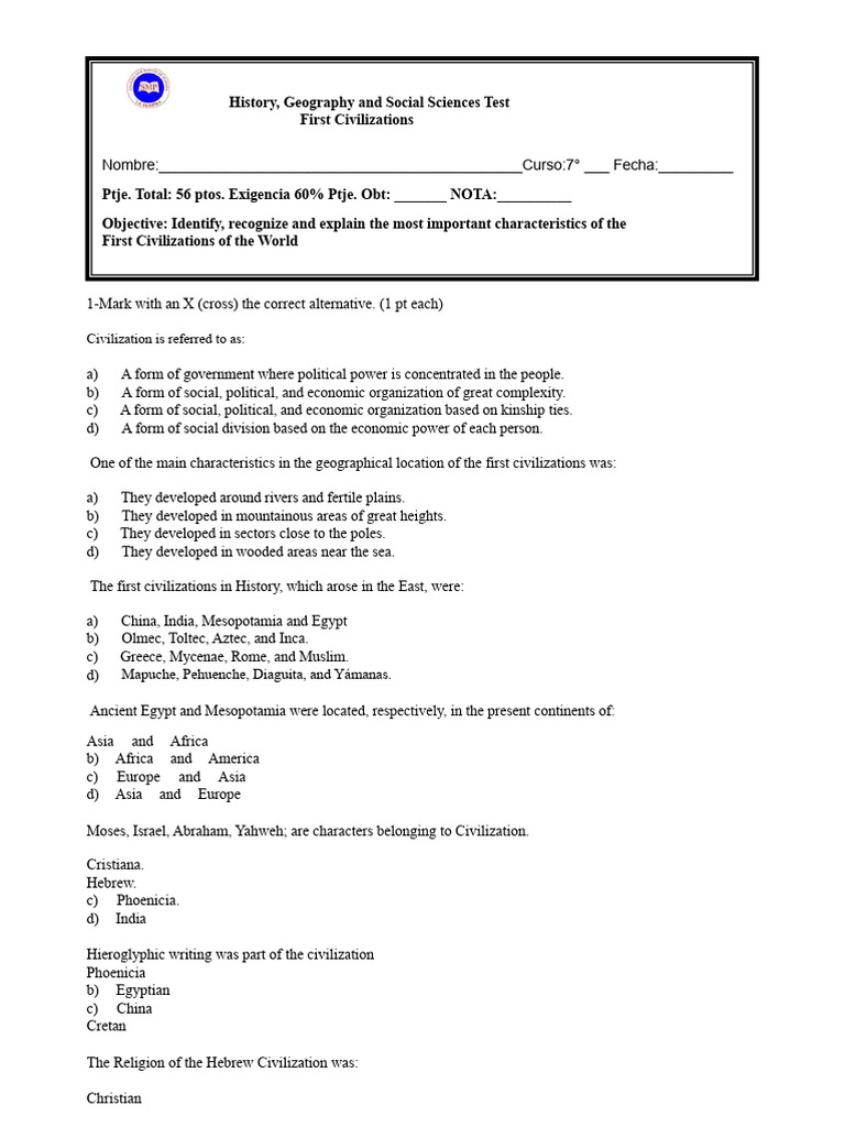 First Civilizations Test for 7th Grade | PDF | Writing | Ancient Egypt