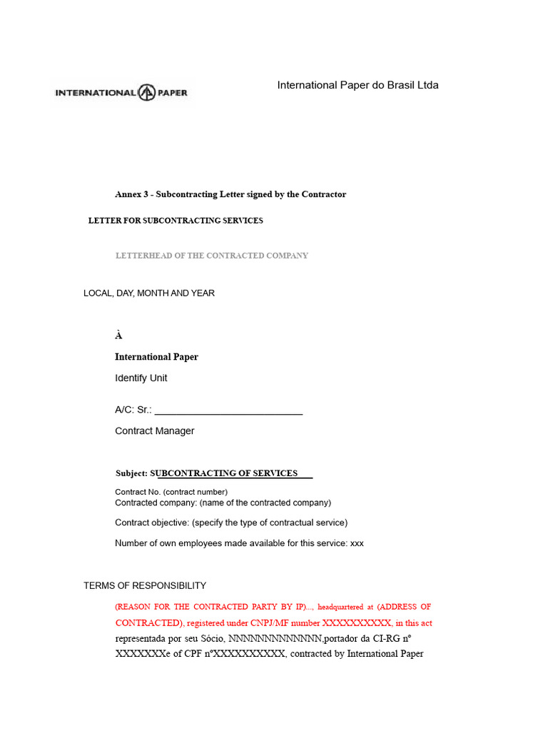 Annex 3 - Subcontracting Letter | PDF | Subcontractor | Private Law