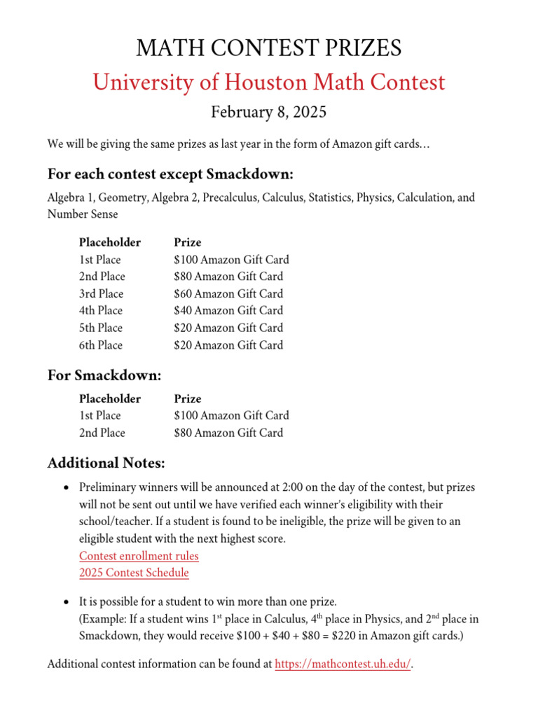 2025 University of Houston Math Contest Prizes | PDF