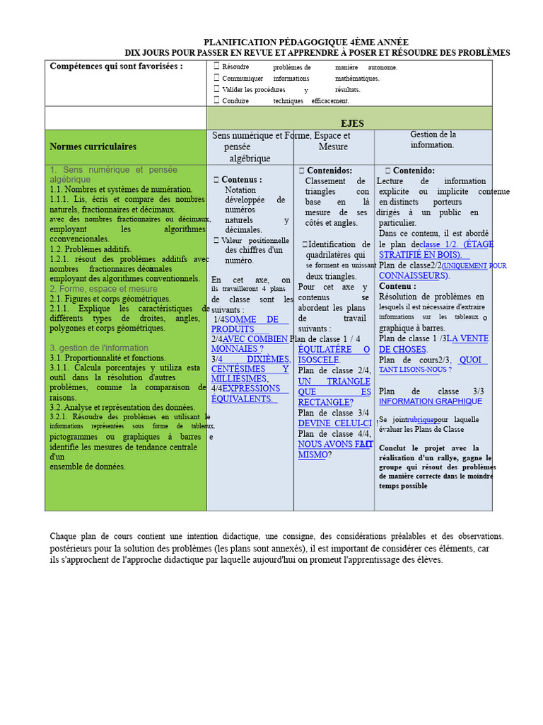 Planification Pédagogique 4ème Année | PDF | Mathématiques | Informations