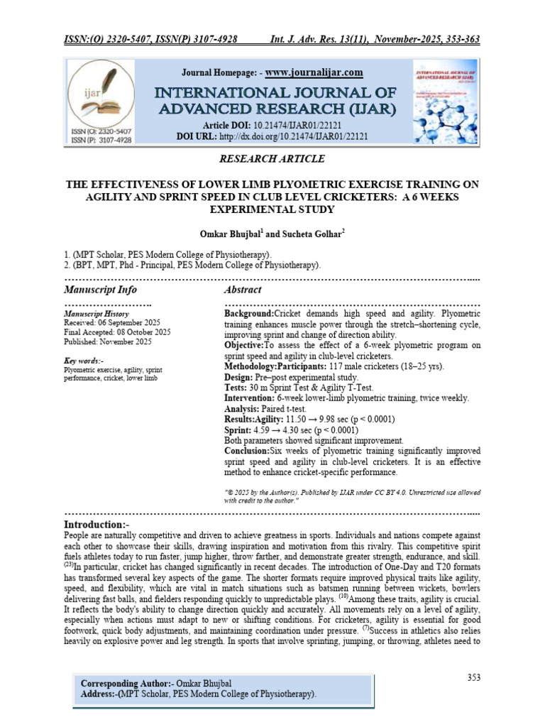 THE EFFECTIVENESS OF LOWER LIMB PLYOMETRIC EXERCISE TRAINING ON AGILITY AND SPRINT SPEED IN CLUB ...