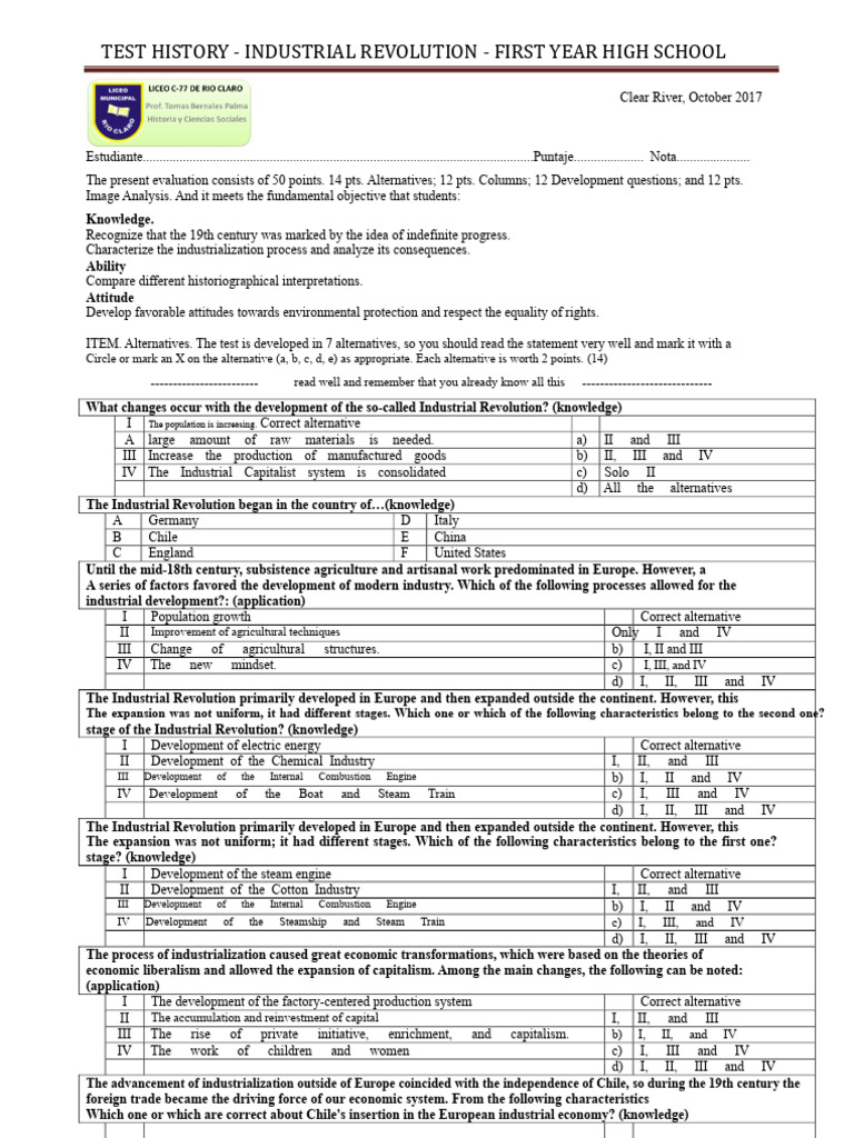 Test 1st Year High School Industrial Revolution 2017 Río Claro | PDF ...