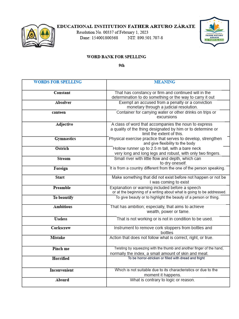 Ninth Grade Spelling Word Bank | PDF | Linguistics