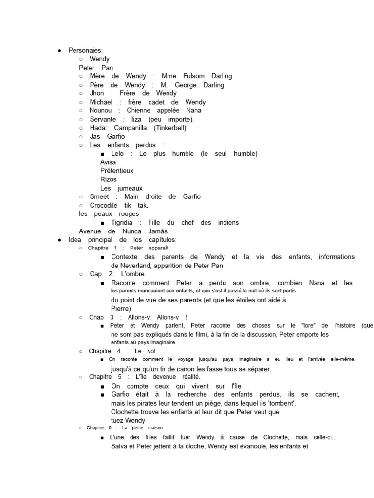 Personnages et chapitres de Peter Pan | PDF | Peter Pan | Pays imaginaire