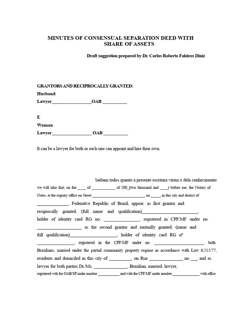 Draft of Deed of Consensual Separation with Division of Assets | PDF ...