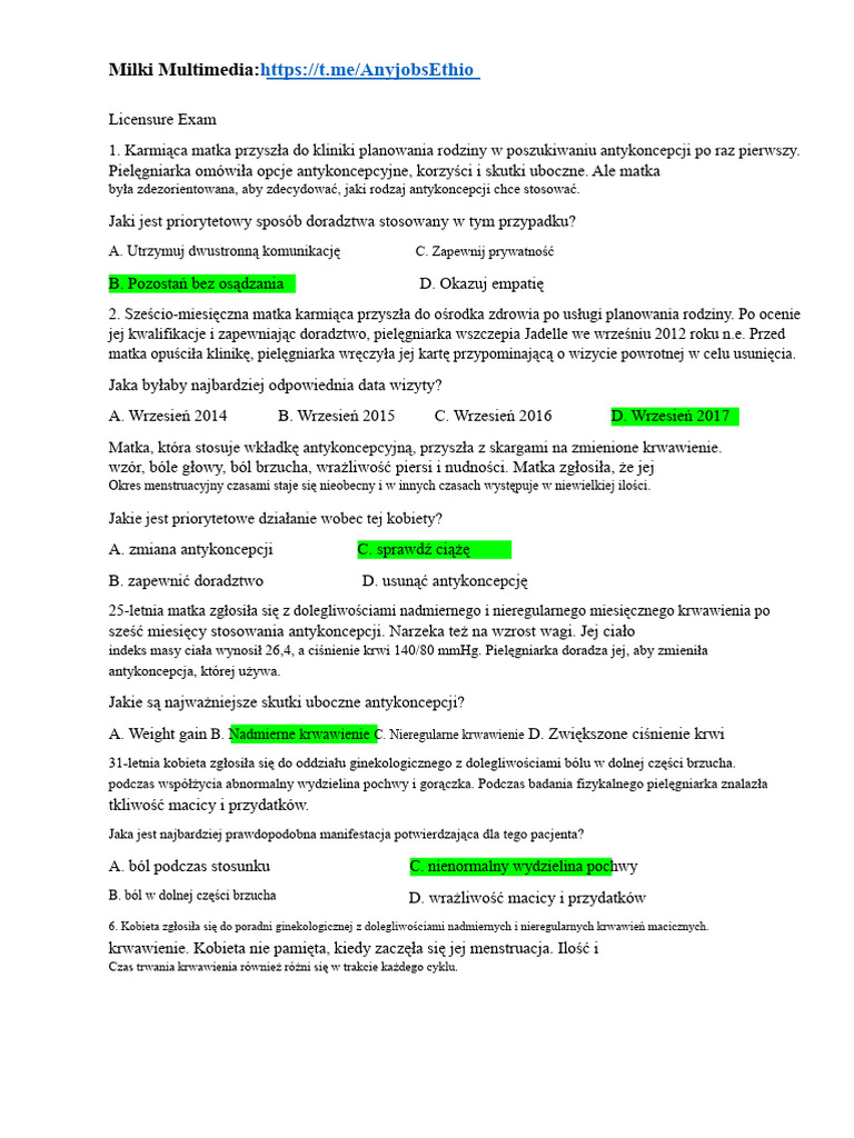 Egzamin COC BSC Pielęgniarstwo 18 | PDF