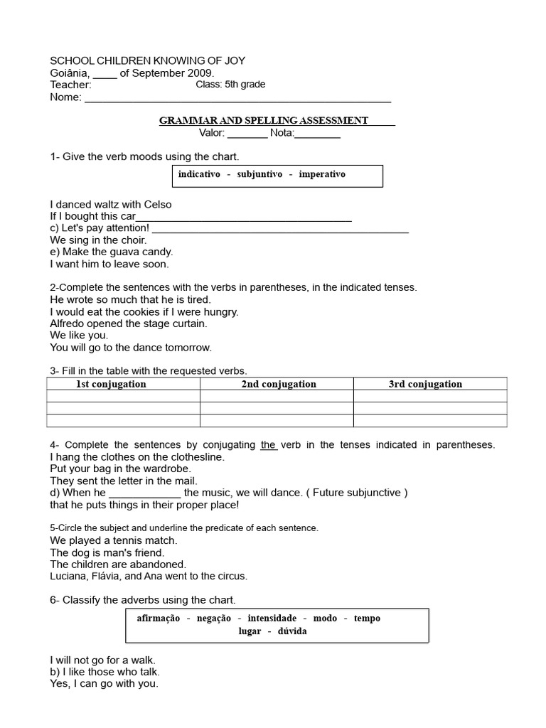 5th Grade Grammar and Spelling Test | PDF | Grammatical Conjugation | Verb
