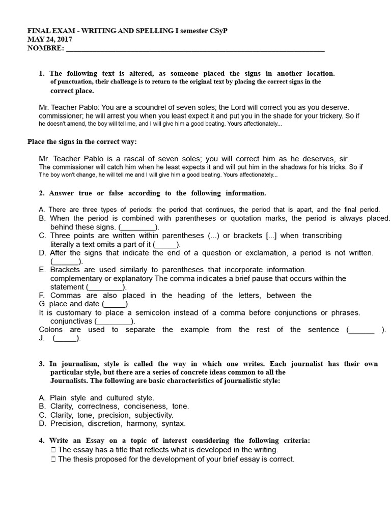 Writing and Spelling Exam Guide | PDF | Bracket | Comma