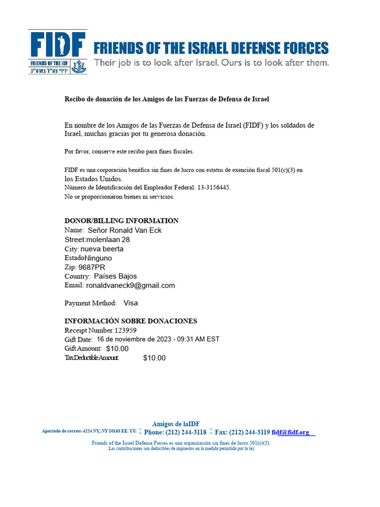 Recibo de donación FIDF - Ronald Van Eck | PDF