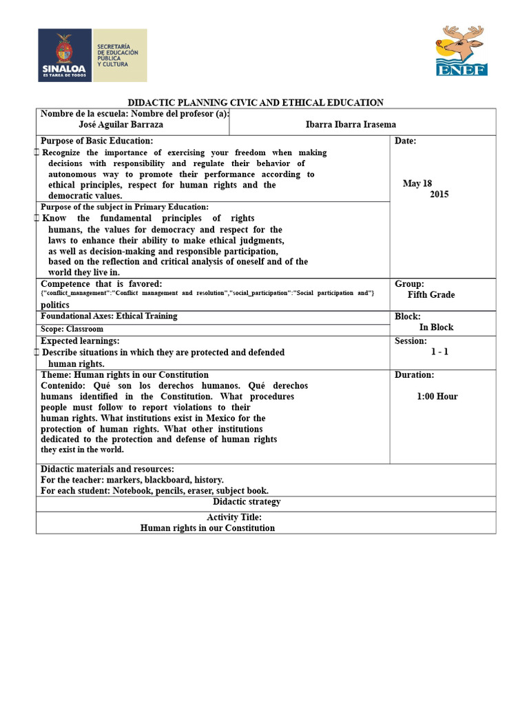 1 Planning Civic and Ethical Education BLOCK Fifth Grade | PDF | Human ...