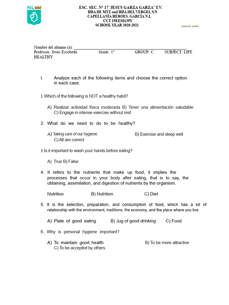 Healthy Habits Quiz for 1st Grade | PDF | Nutrition | Diet & Nutrition