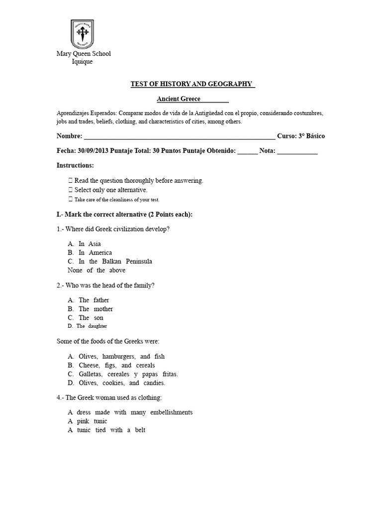HISTORY TEST ANCIENT GREECE 3rd Grade | PDF | Greece