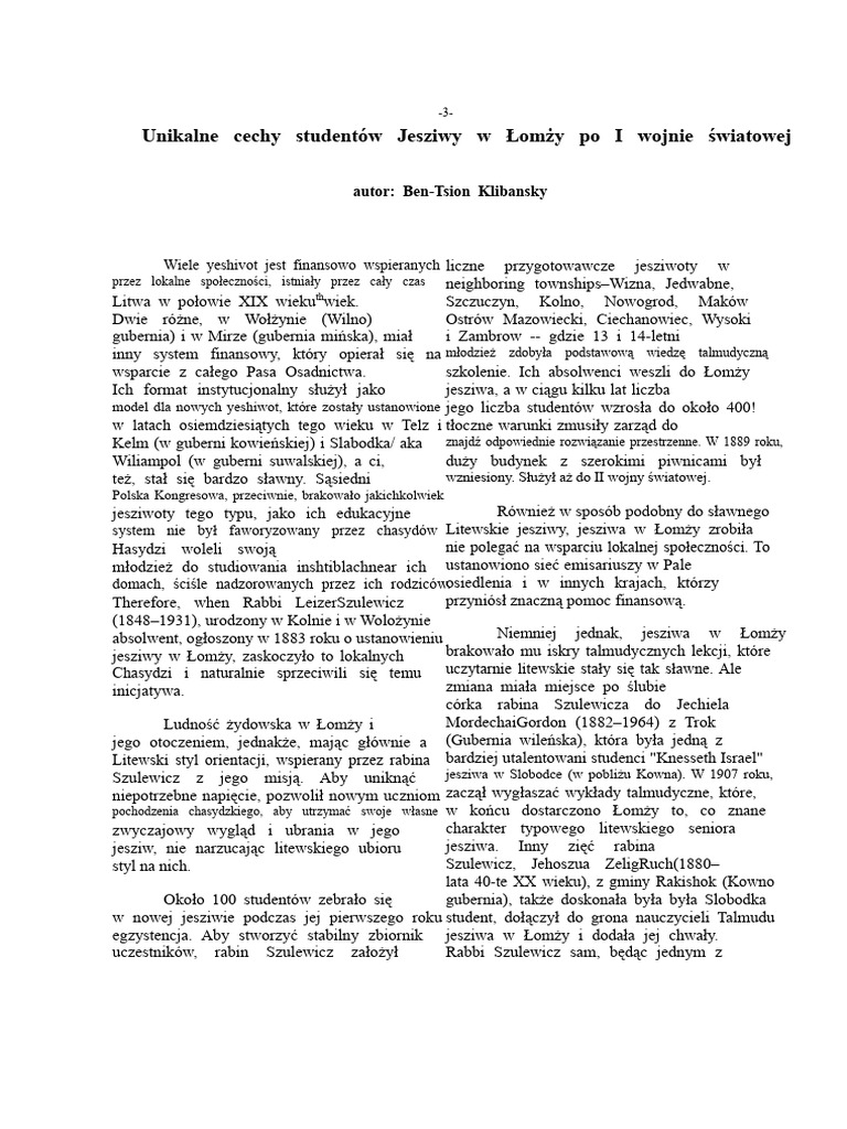 B. Klibansky - Unikalne Cechy Studentów Jesziwy W Łomży Po I Wojnie ...