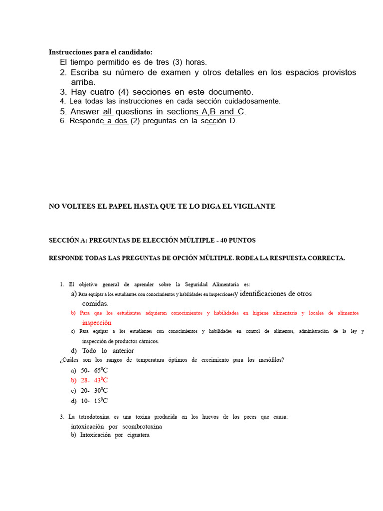 Examen de Comida | PDF | Enfermedades transmitidas por alimentos ...