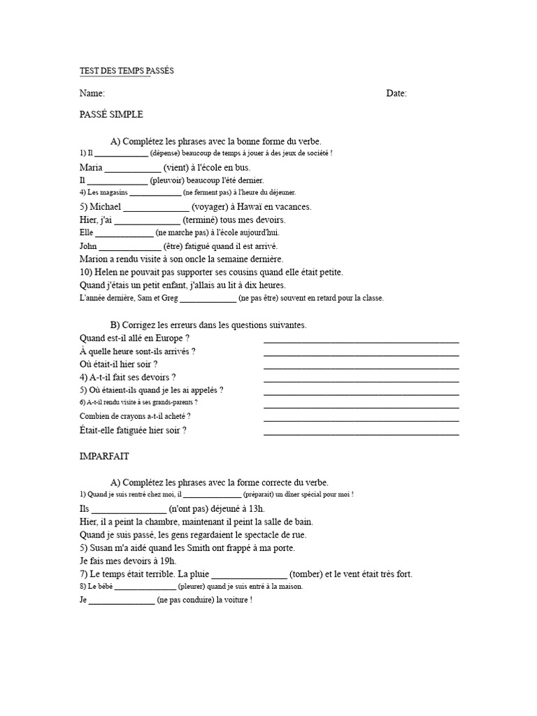 Exercices de conjugaison passé simple/imparfait | PDF