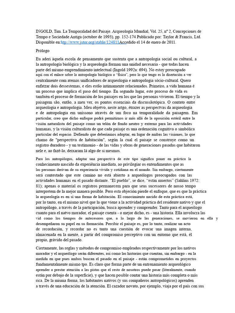 INGOLD, Tim. La Temporalidad Del Paisaje. | PDF | Ritmo | Hora