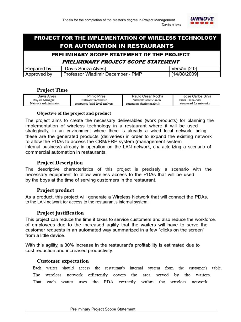 Preliminary Project Scope Statement | PDF | Project Management ...
