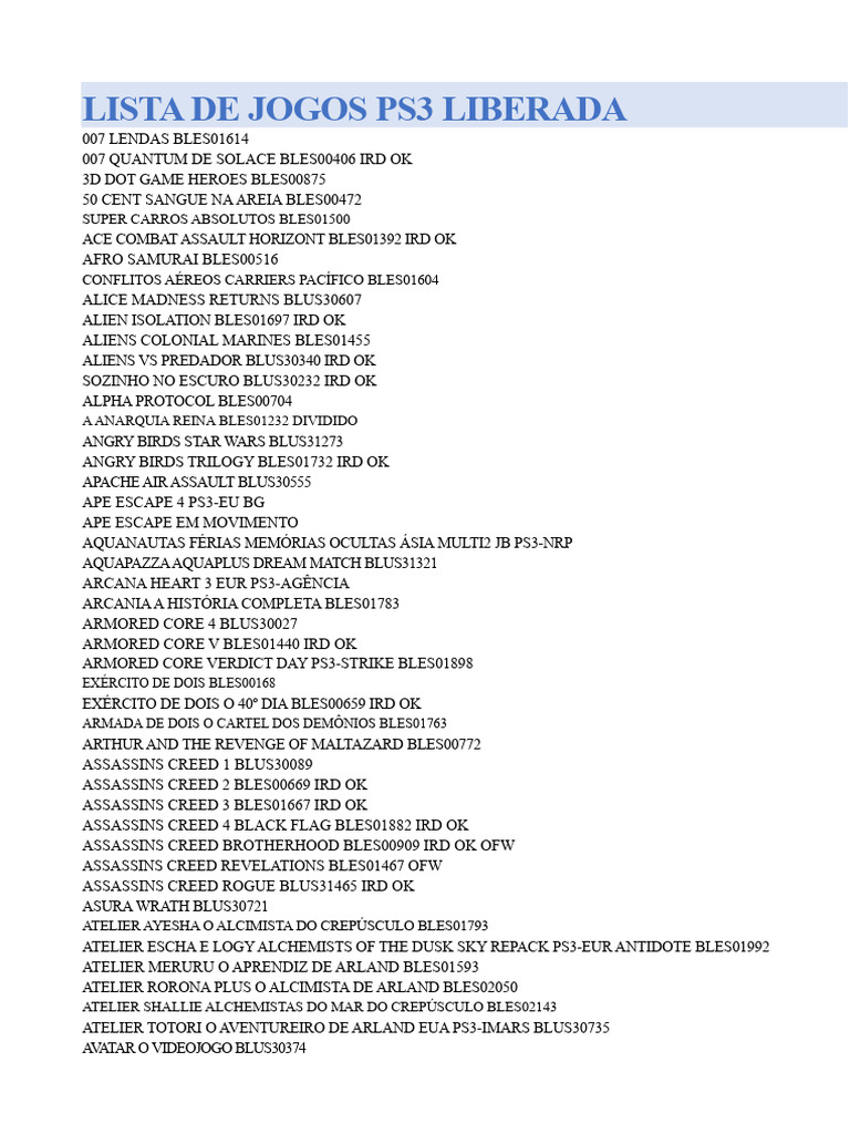 Lista Completa de Jogos PS3 Liberados | PDF