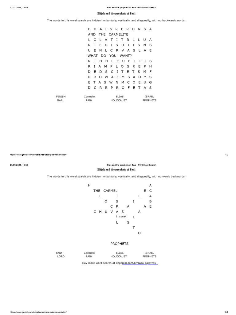 Elias and The Prophets of Baal - Print Word Search | PDF | Elijah ...