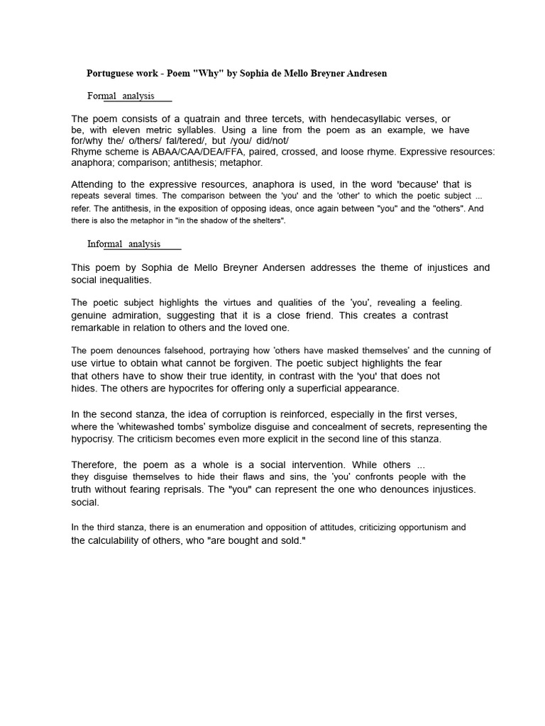 Portuguese Assignment - Poem "Why" by Sophia de Mello Breyner Andresen ...