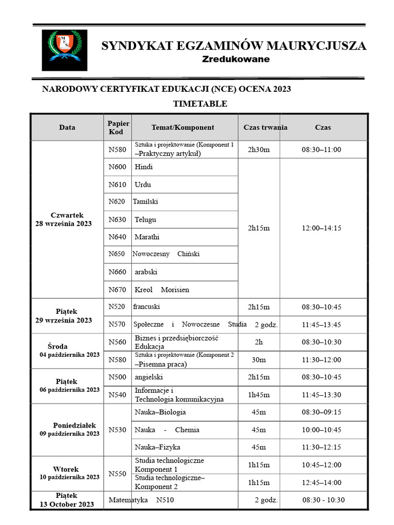 NCE Ocena 2023 Harmonogram | PDF