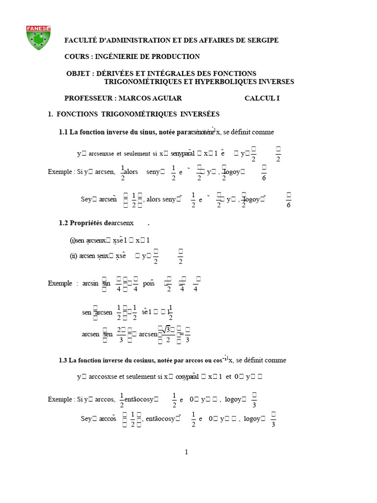 Dérivées Et Intégrales Des Fonctions Trigonométriques Et Hyperboliques ...