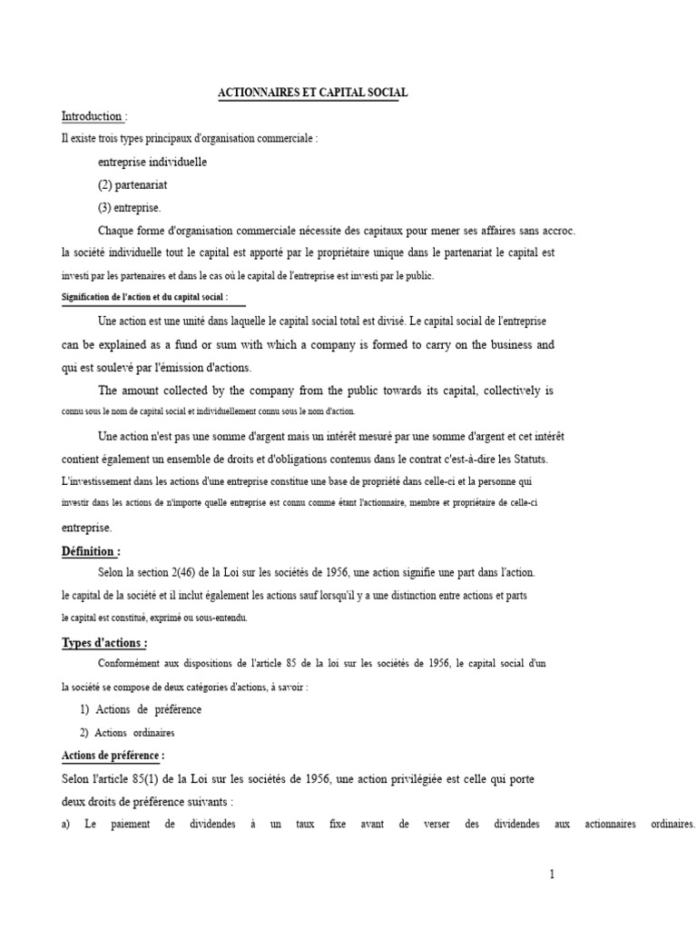 Types d'actions et capital social en entreprise | PDF | Action (Finance ...