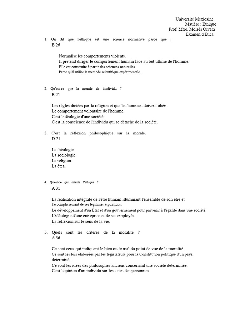 Examen d'Éthique : Questions et Concepts | PDF | Moralité | Raison