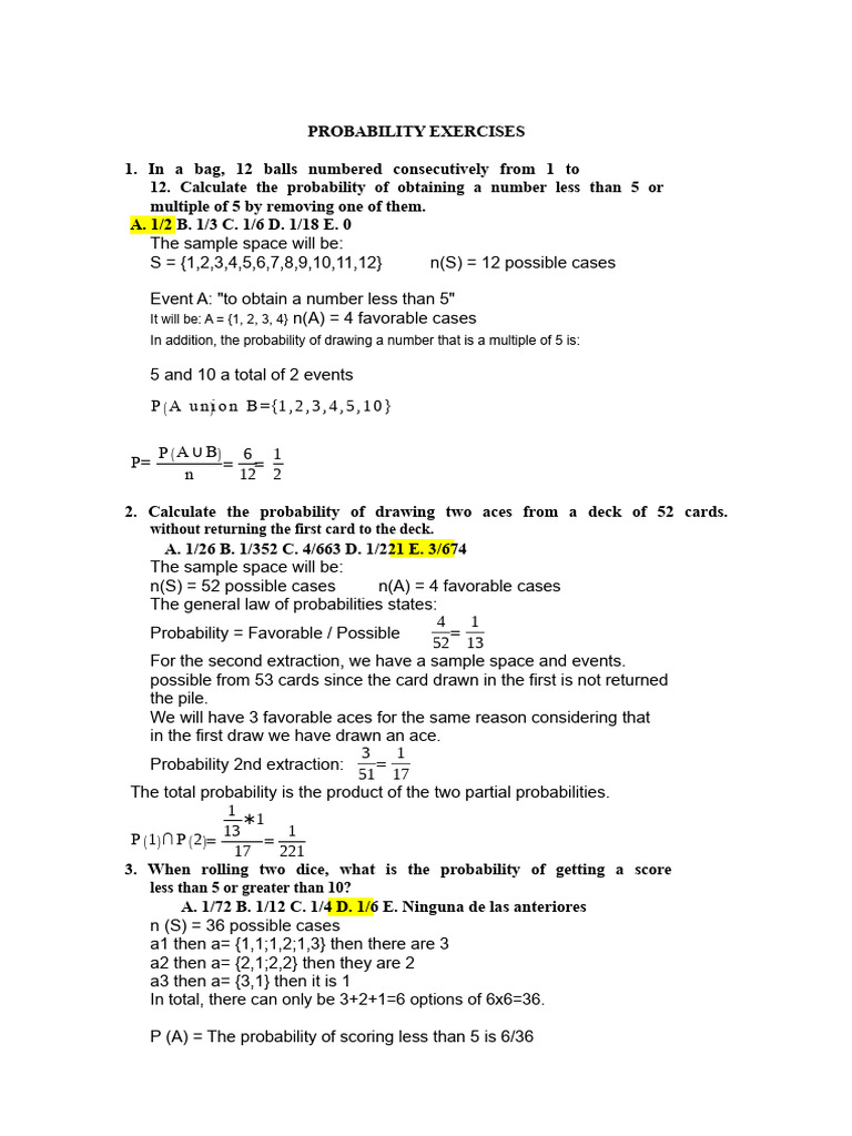 Probability Exercises and Solutions | PDF | Odds | Probability