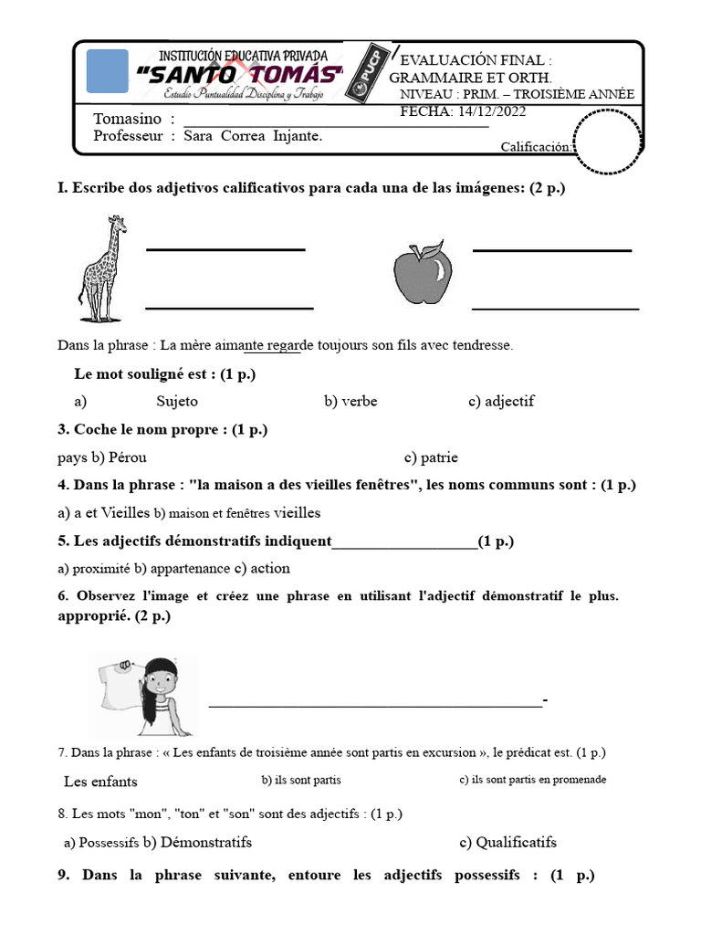 Évaluation de grammaire primaire 3e année | PDF | Phrase | Sémantique