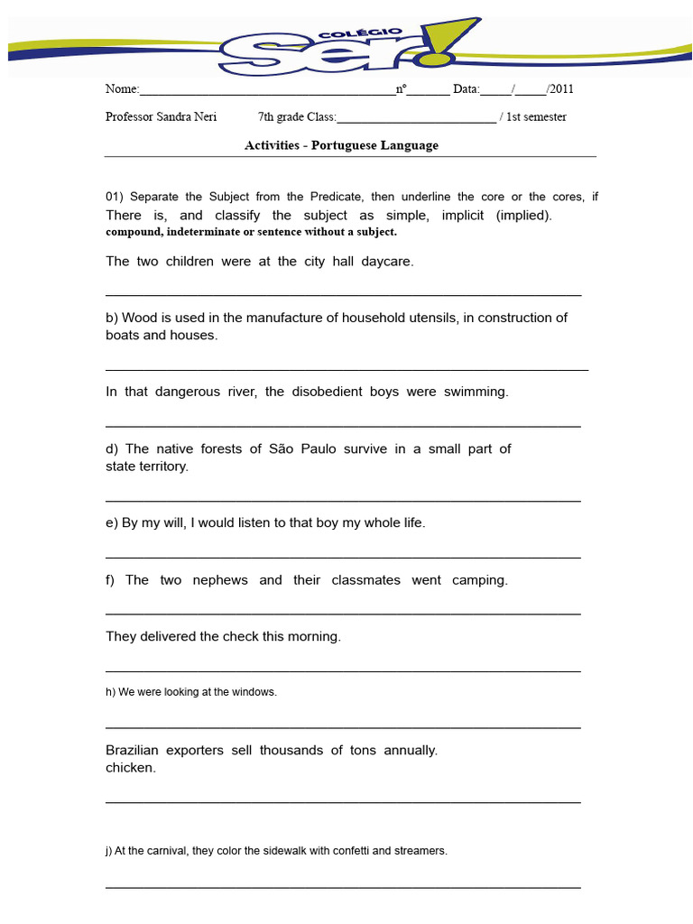 Exercises On Subject and Predicate | PDF | Subject (Grammar) | Linguistics
