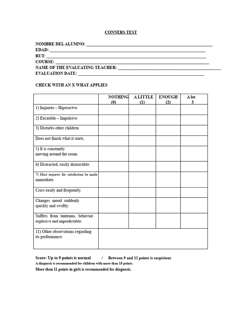 Conners Test Evaluation Form | PDF
