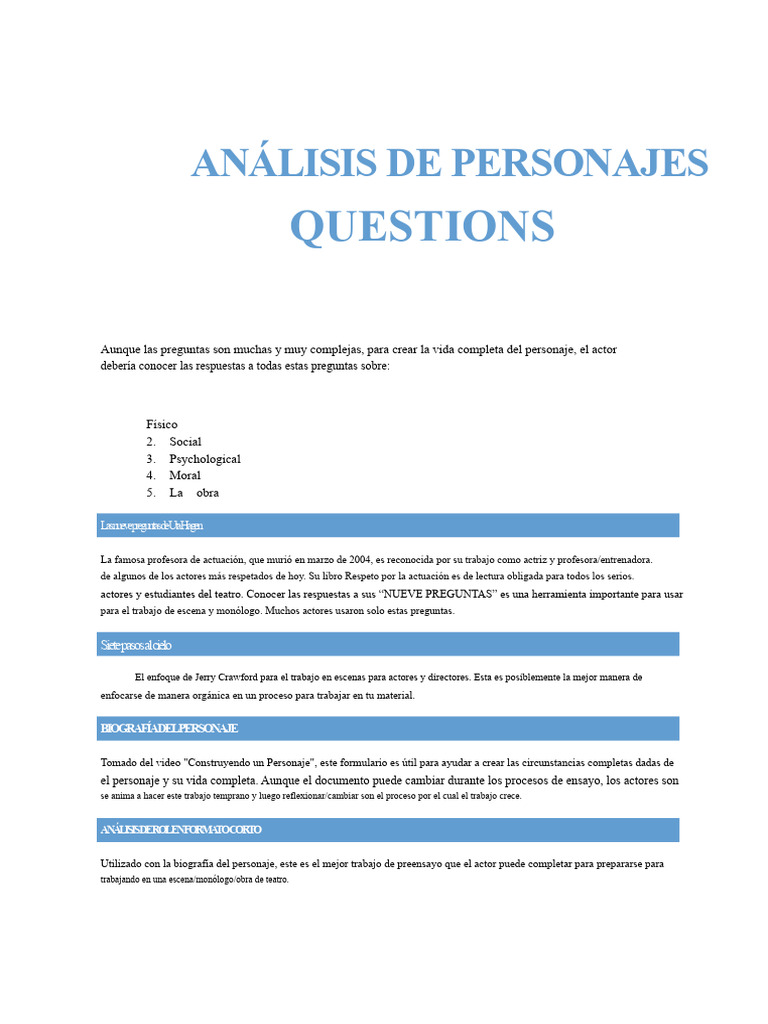Preguntas de Análisis de Personajes | PDF | Interino