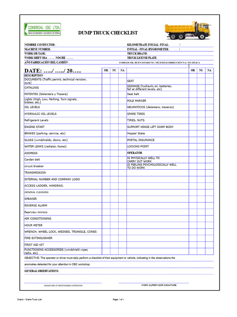 Dump Truck Check List CBC | PDF | Truck | Automotive Technologies