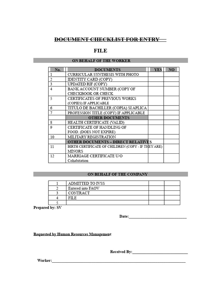 Entry Document Checklist for Workers | PDF