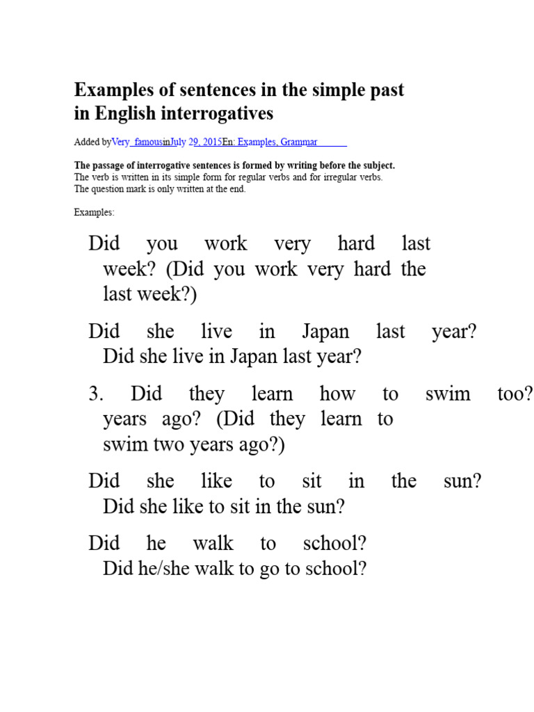 Simple Past Interrogative Examples | PDF