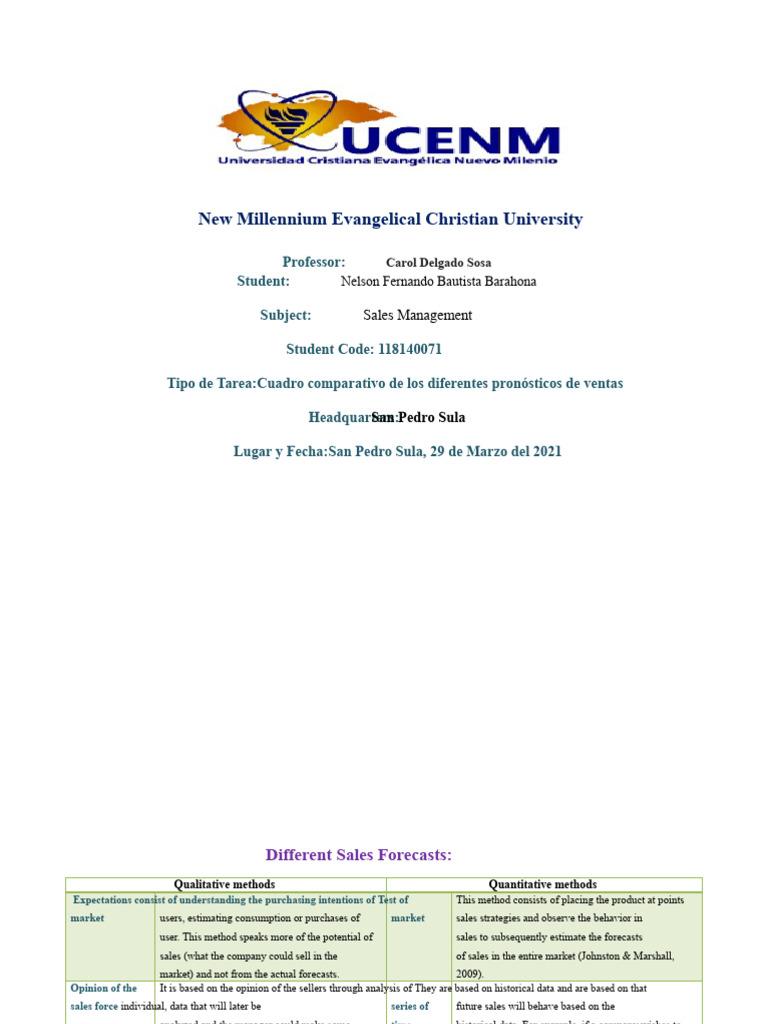 Comparative Table of The Different Sales Forecasts, Nelson Fernando ...