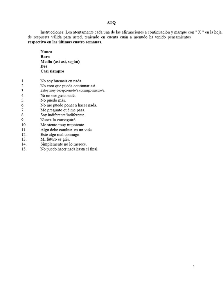 Pensamientos - automate-ATQ Hollon-Kendall | PDF | Validez ...