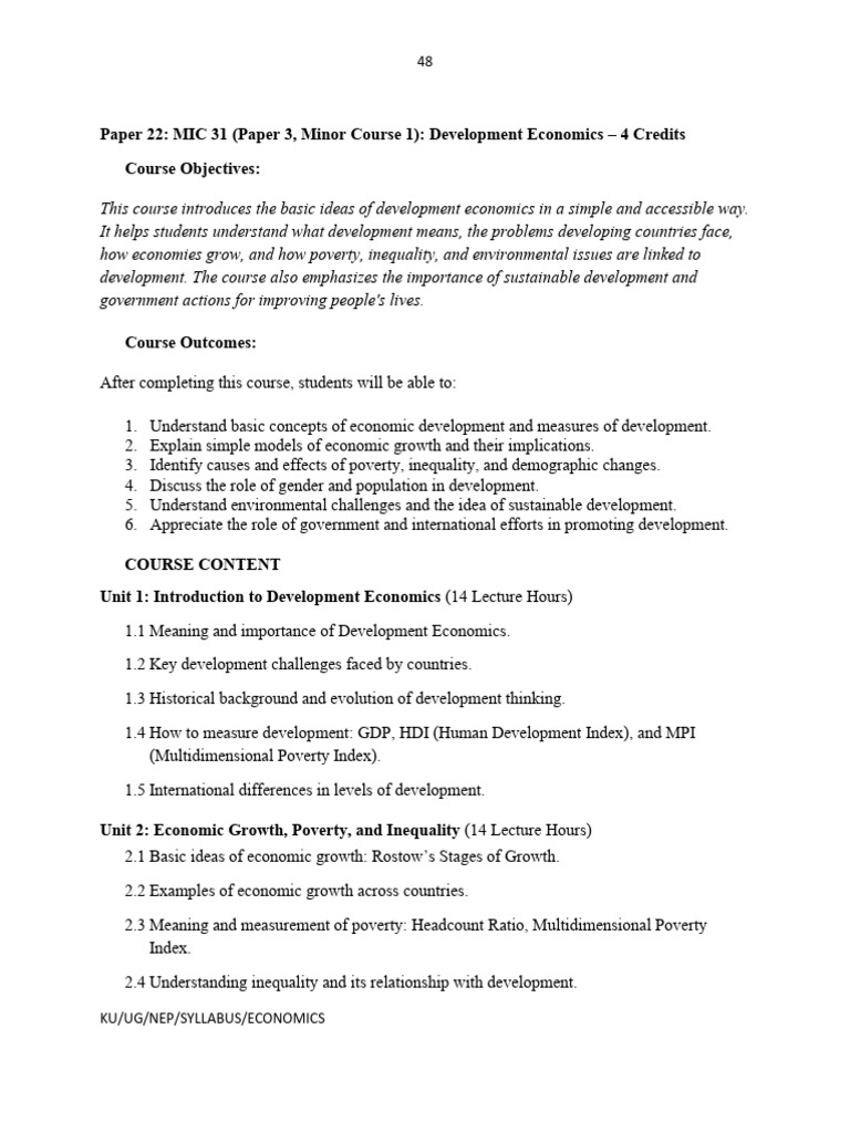 Development Economics Course Syllabus | PDF | Economic Growth | Poverty