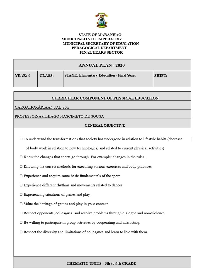 PHYSICAL EDUCATION - PLAN For The 6th Grade 2020 | PDF | Methodology ...