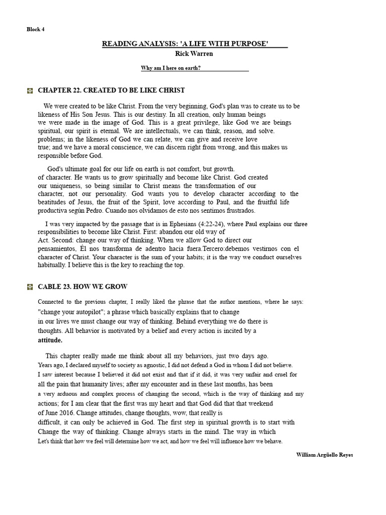 Summary of The Book "A Purpose Driven Life" Part 2 Block 4 | PDF ...