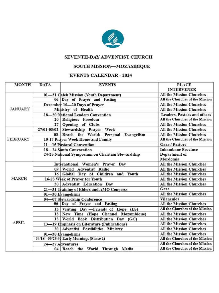EVENTS CALENDAR - 2024 Updated | PDF | Seventh Day Adventist Church ...
