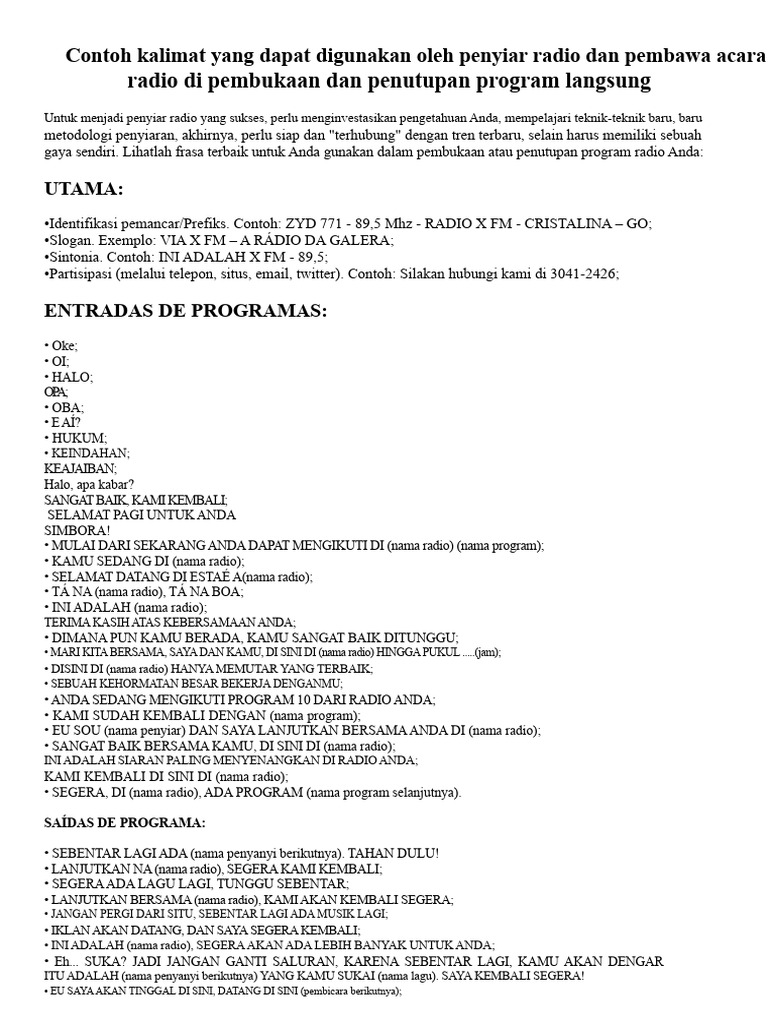 Contoh Kalimat Untuk Penyiar Radio | PDF